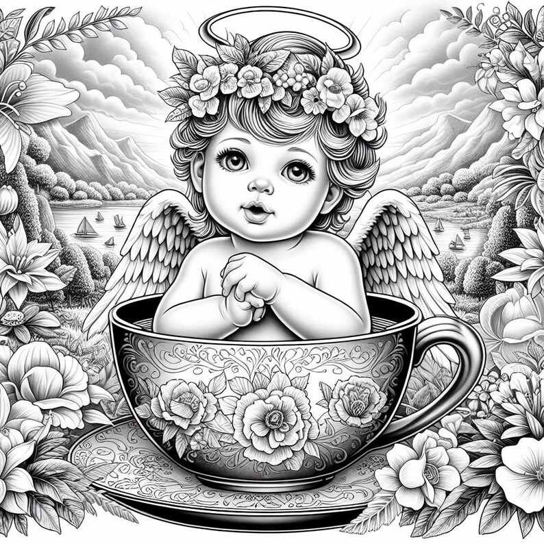 54 Baby Angel in Tea Cup Coloring Book Little Angel Coloring Pages ...