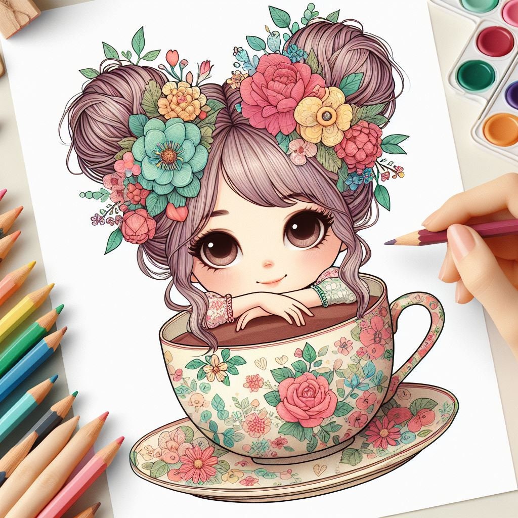 50 Flower Girl in Tea Cup Coloring Book, Cute Spring Girls Coloring ...
