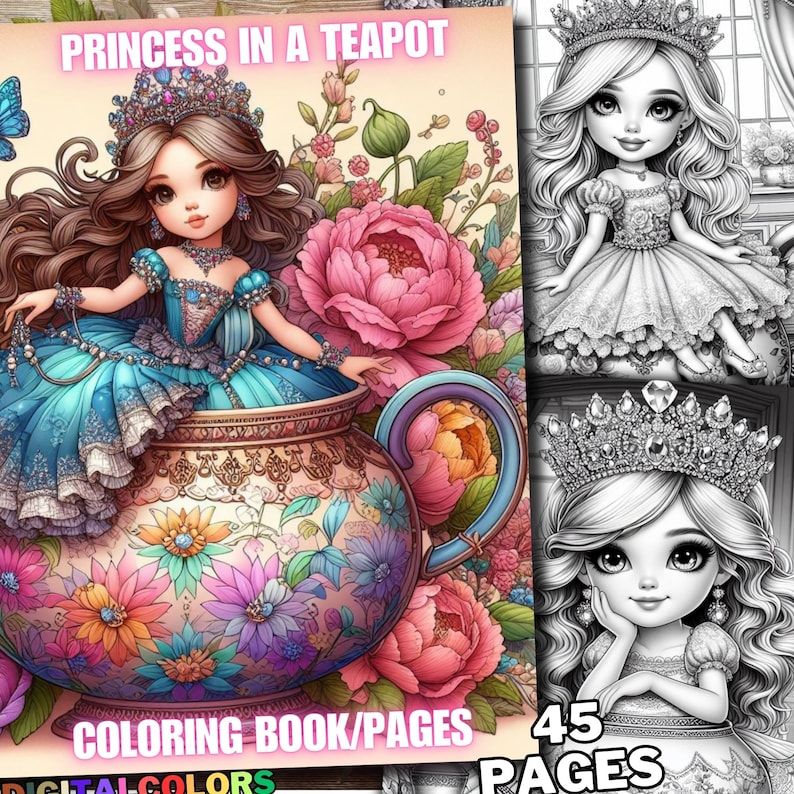 45 Cute Princess in Teapot Coloring Book, Fantasy Fairytale Princesses ...