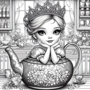 45 Cute Princess in Teapot Coloring Book, Fantasy Fairytale Princesses ...