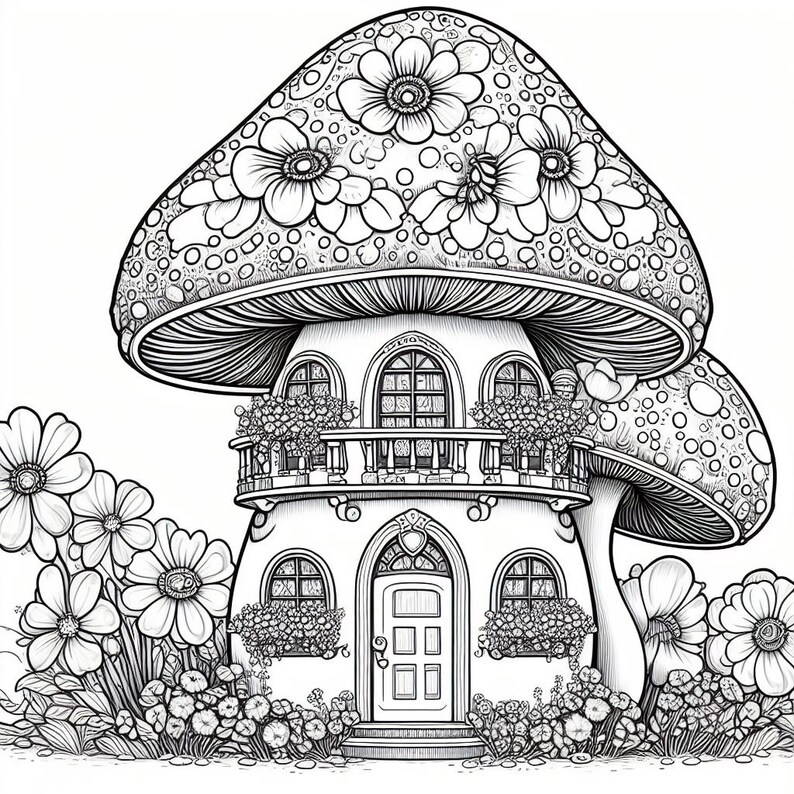 67 Mushroom House Coloring Book, Fairy House Coloring Pages, Grayscale ...