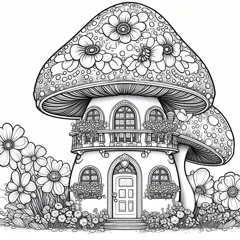 67 Mushroom House Coloring Book, Fairy House Coloring Pages, Grayscale ...