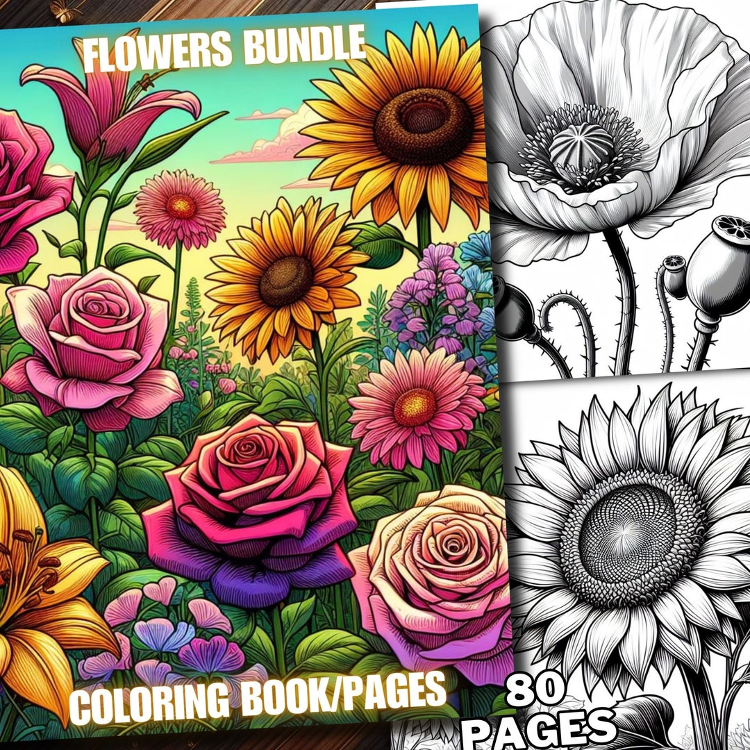 80 Bundle Flowers Coloring Pages, Cute Flower Spring Botanical Floral ...