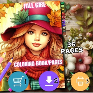 36 Fall Girl Coloring Book Printable Autumn Beauties Woman Rustic ...