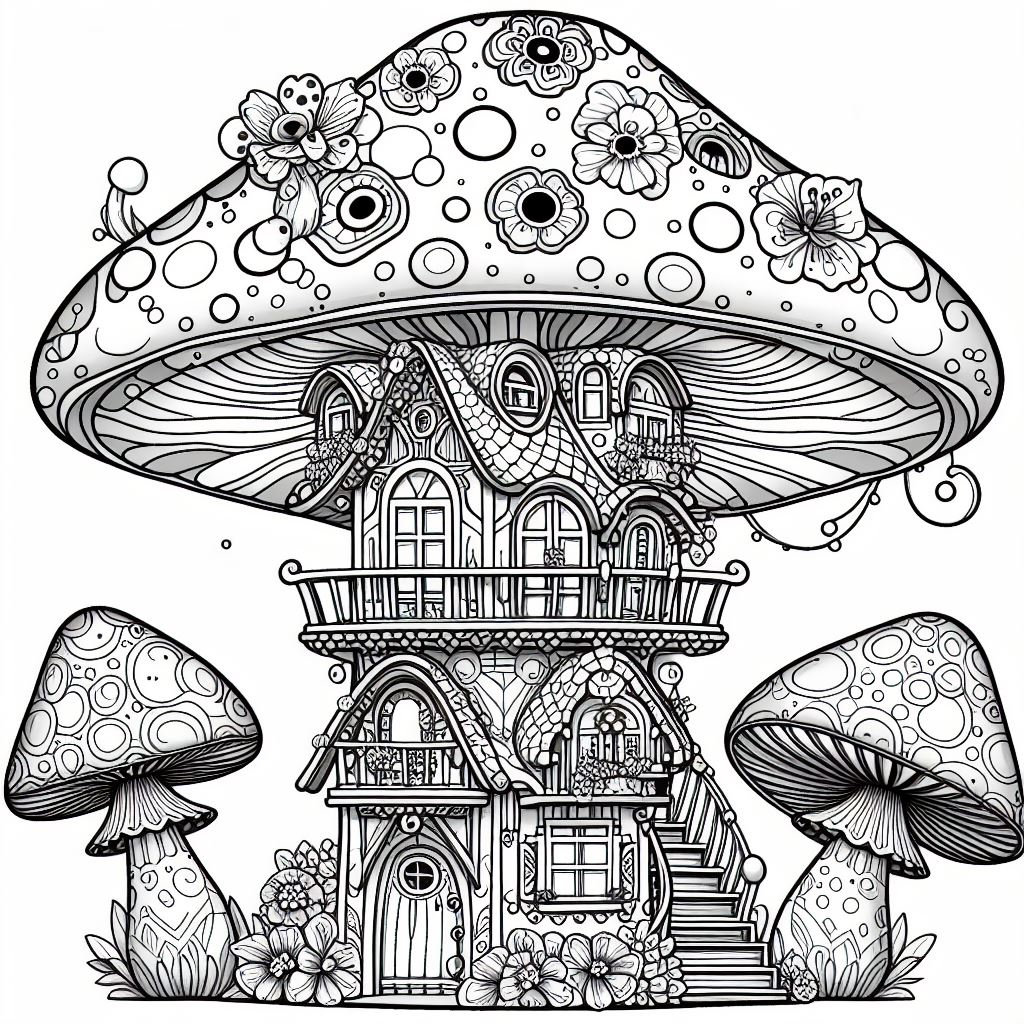 67 Mushroom House Coloring Book, Fairy House Coloring Pages, Grayscale ...