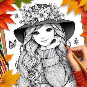 36 Fall Girl Coloring Book Printable Autumn Beauties Woman Rustic ...