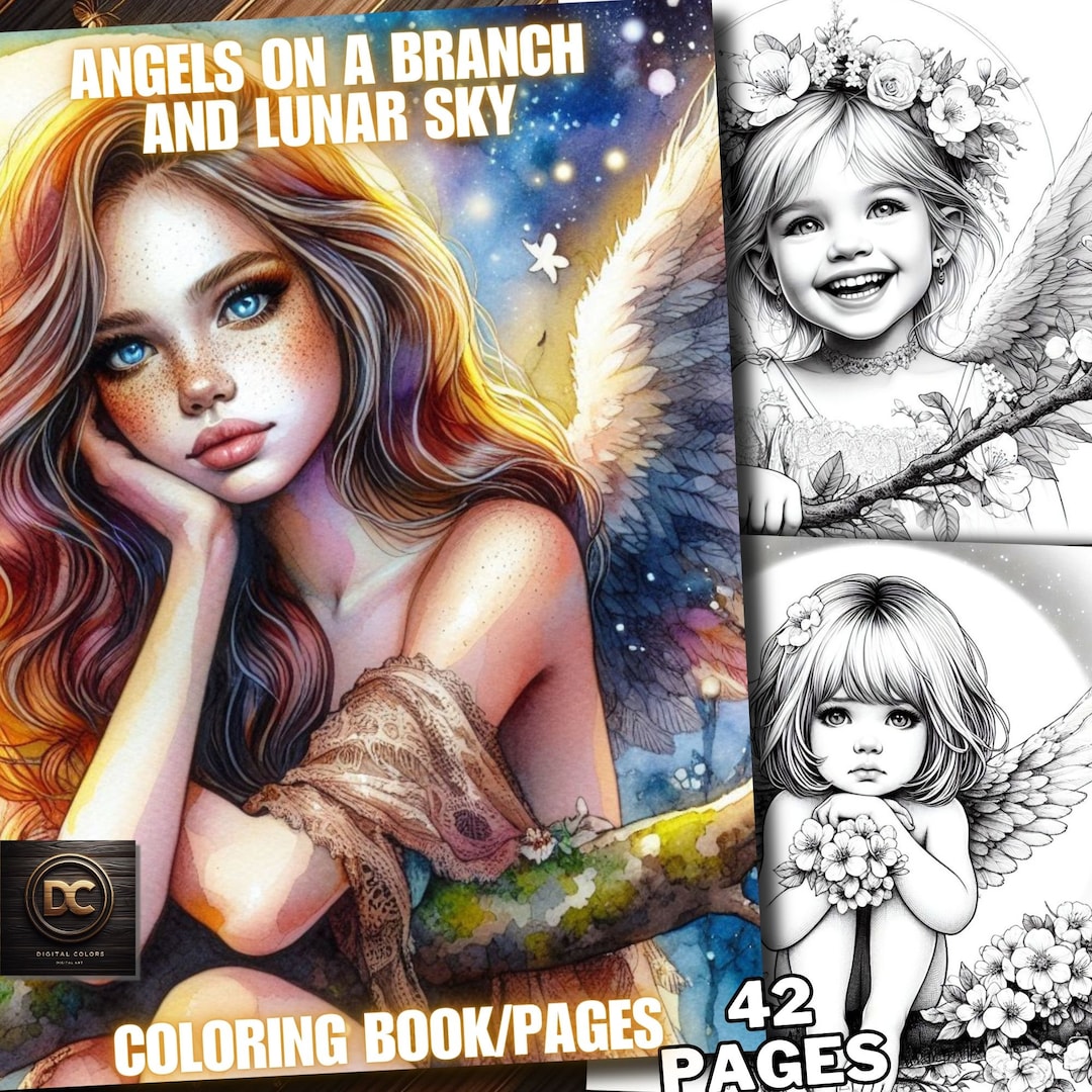 42 Angels on a Branch and Lunar Sky Coloring Pages, Angel Coloring Book ...