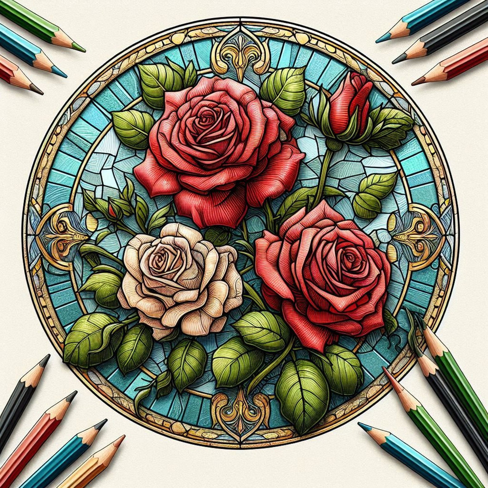 60 Stained Glass Rose Coloring Pages, Enchanted Fantasy Flowers ...