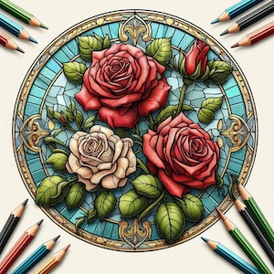 60 Stained Glass Rose Coloring Pages, Enchanted Fantasy Flowers ...
