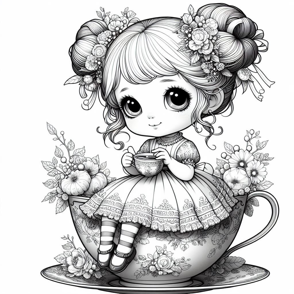 50 Flower Girl in Tea Cup Coloring Book, Cute Spring Girls Coloring ...