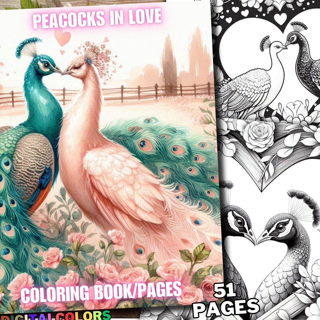 51 Peacocks in Love Coloring Pages, Valentine Peacock Coloring Book ...