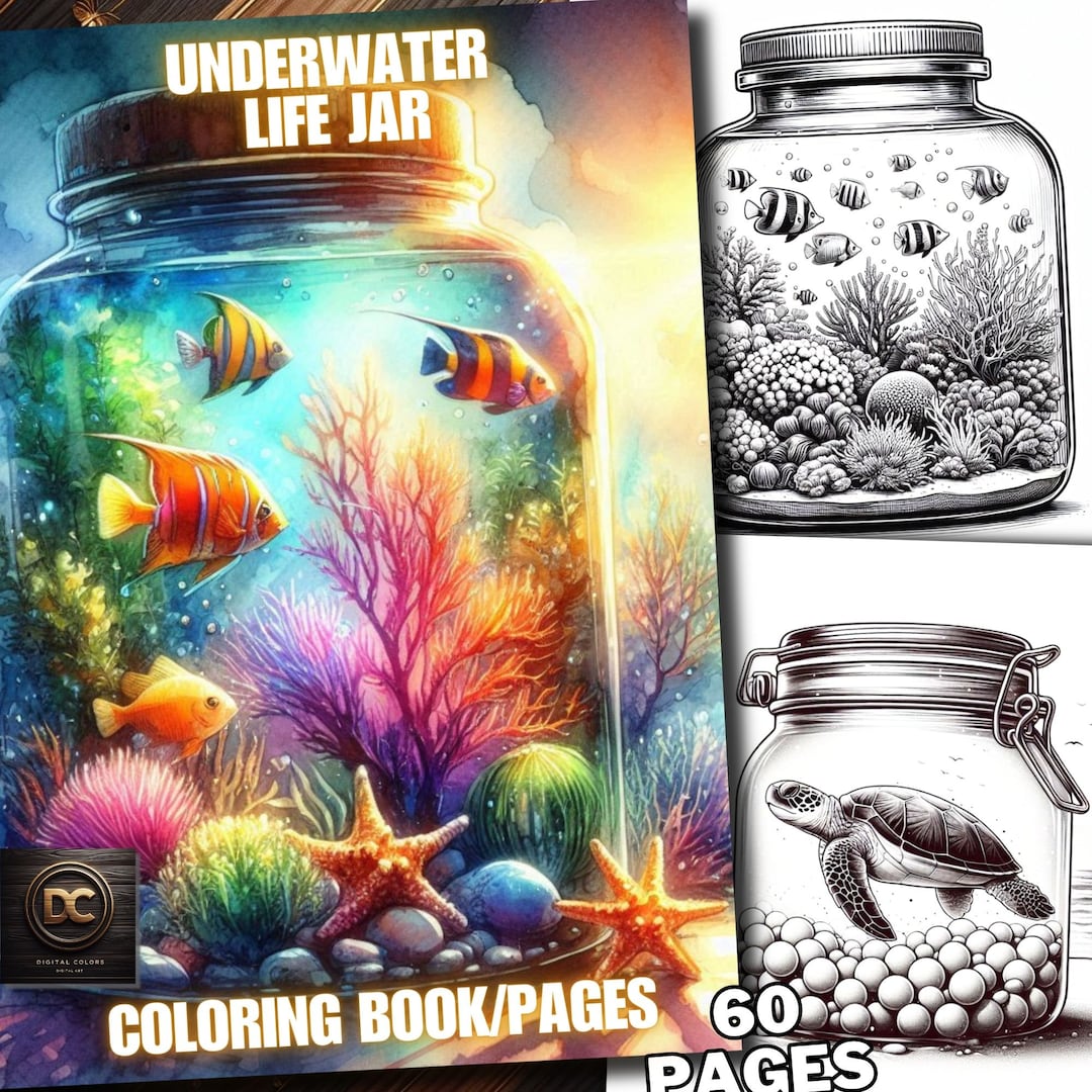 60 Underwater Life Jar Coloring Pages, Ocean Jar Coloring Book, Ocean ...