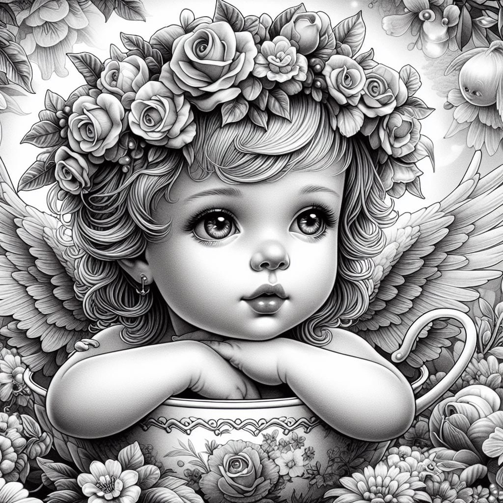 54 Baby Angel in Tea Cup Coloring Book Little Angel Coloring Pages ...