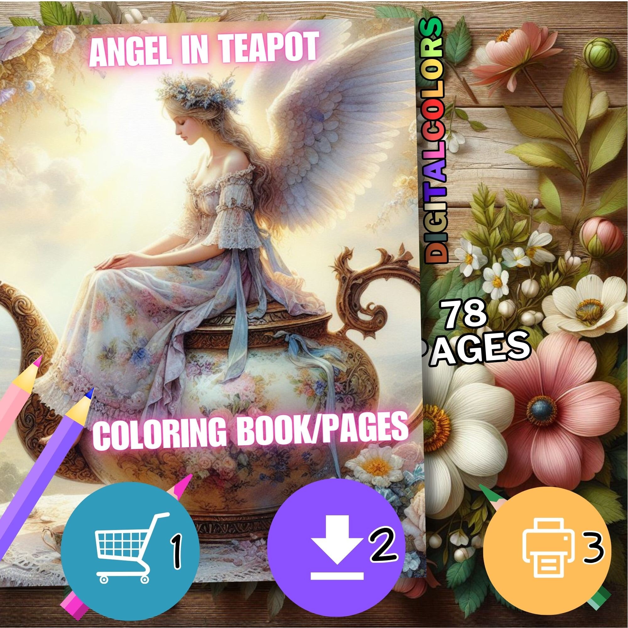 78 Angel in Teapot Coloring Pages, Women Angels at Tea Time, Grayscale ...