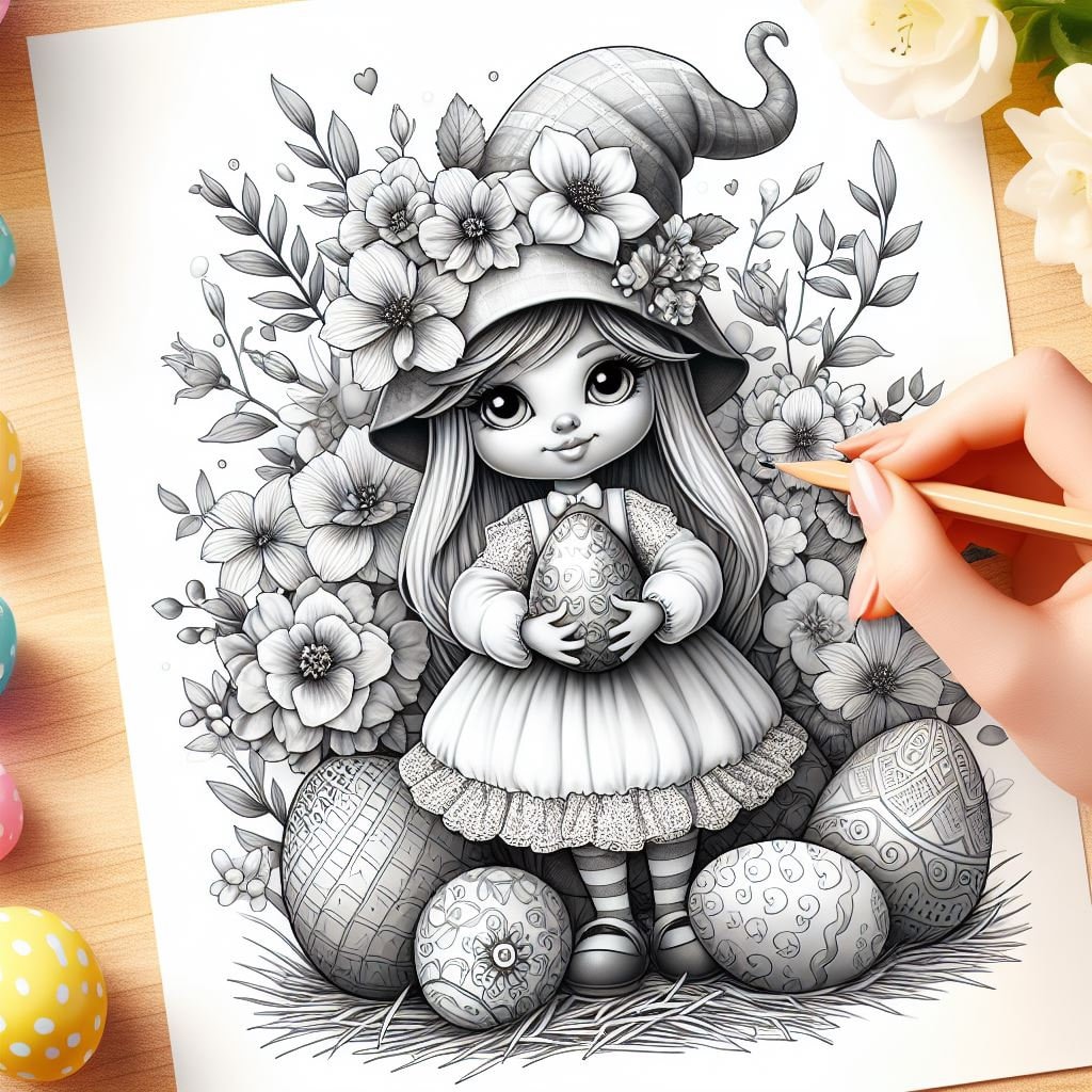 43 Easter Gnome Coloring Pages, Floral Easter Gnomes Coloring Book ...
