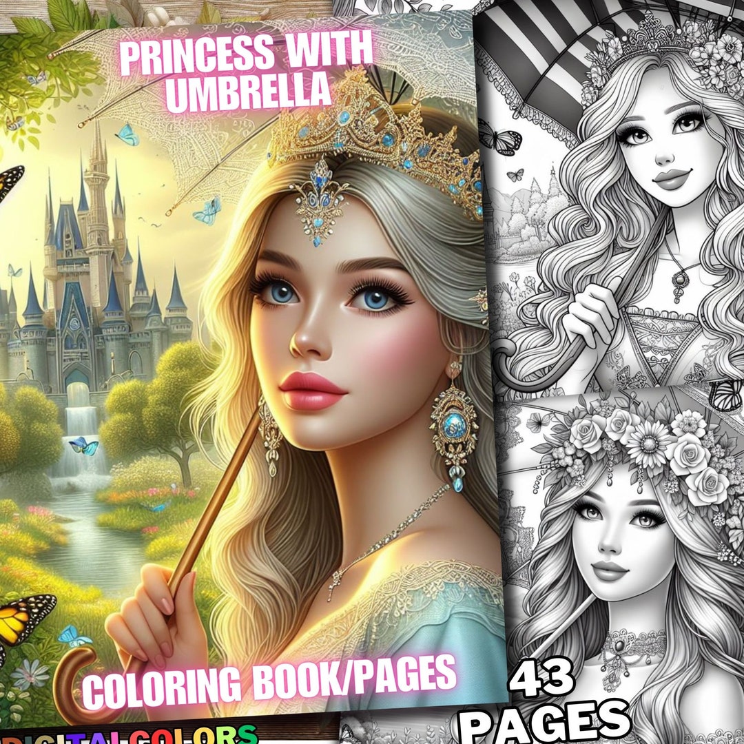 43 Cute Princess Fantasy With Umbrella Coloring, Coloring Pages Book ...