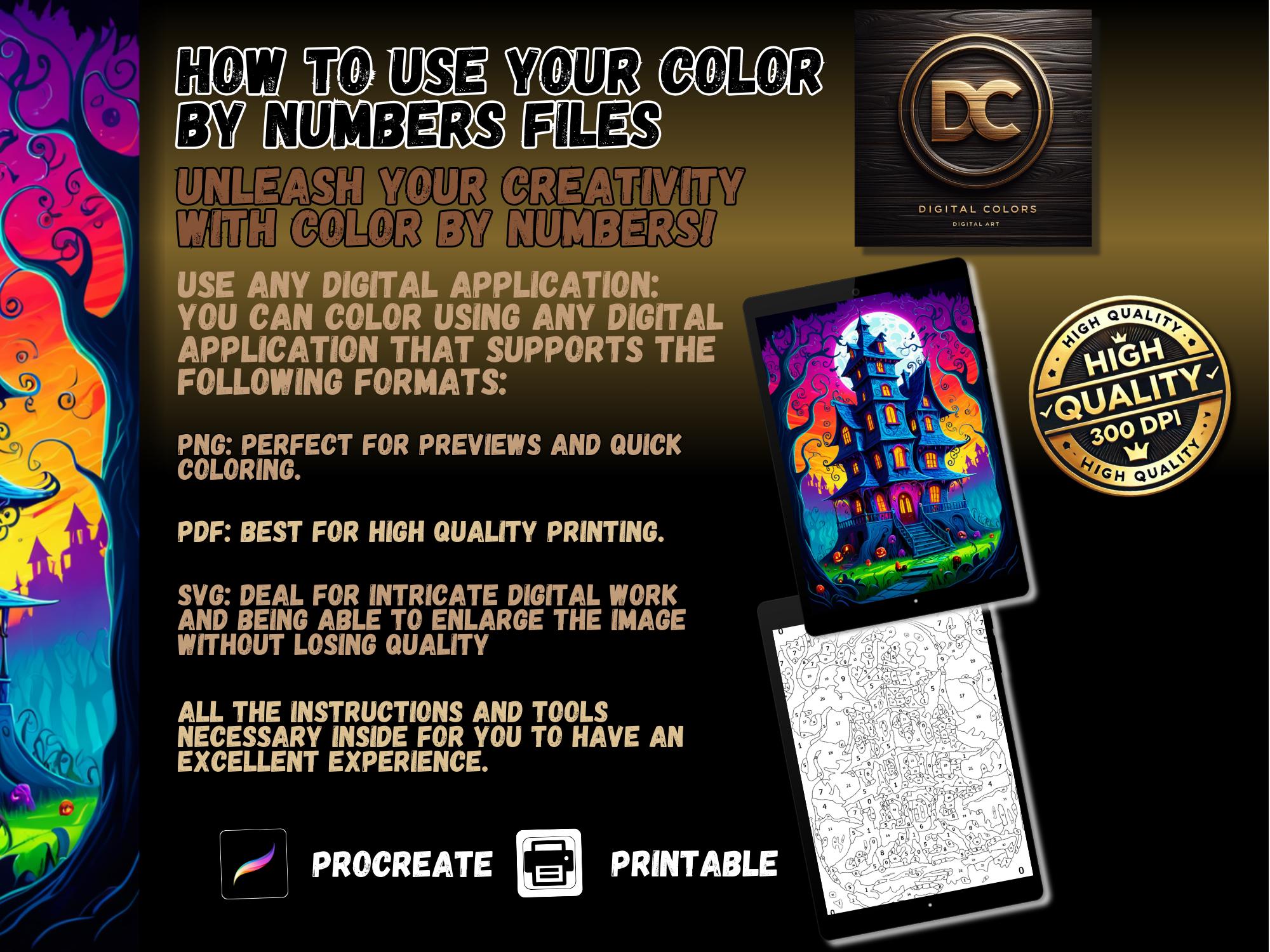 20 Coloring by Numbers, Digital Coloring Book, Paint, Procreate, Ipad ...