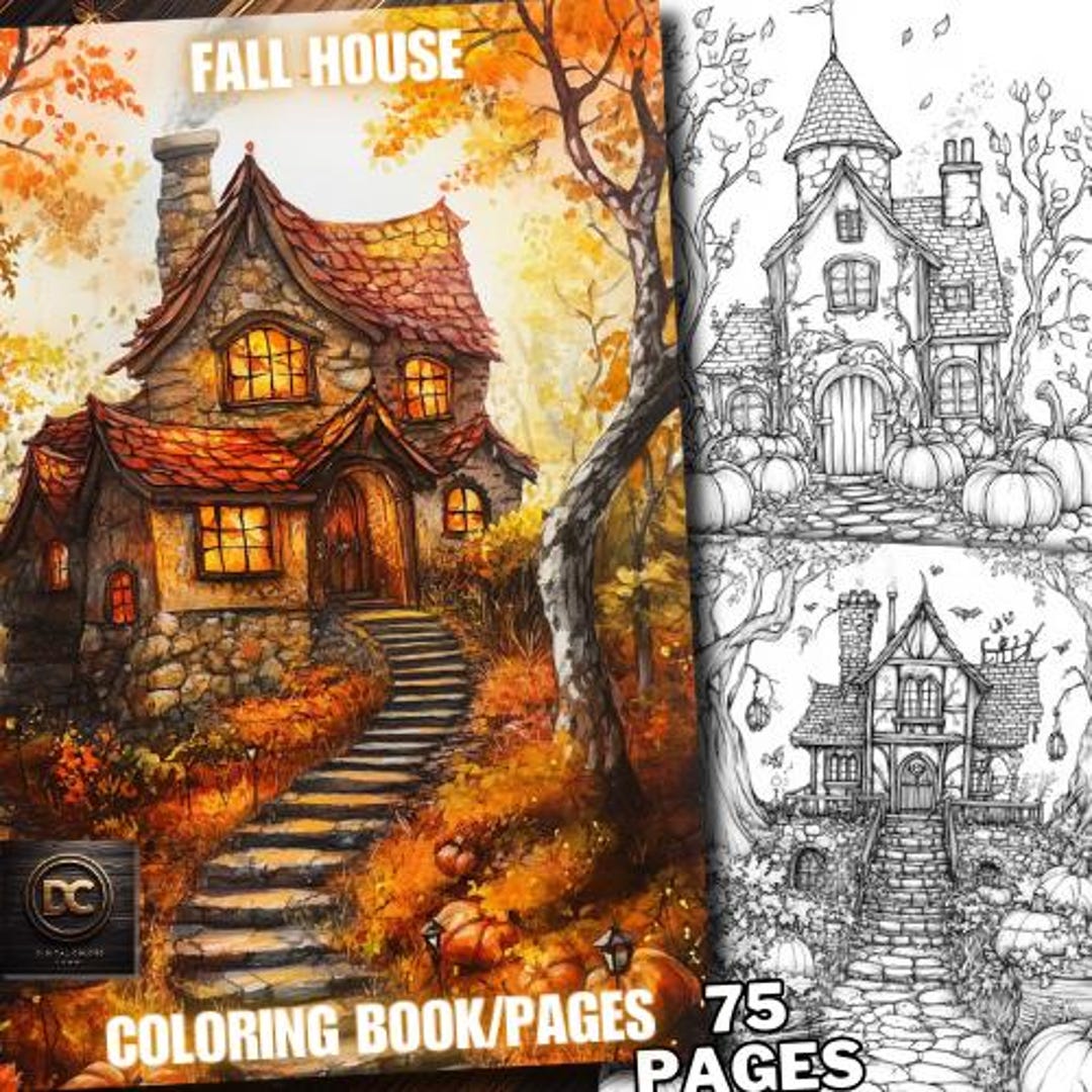 75 Fall House Coloring Pages, Autumn Houses Coloring Book, Home ...