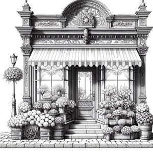 64 Flower Store Coloring Pages, Flower House Coloring Book, Grayscale ...