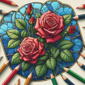 60 Stained Glass Rose Coloring Pages, Enchanted Fantasy Flowers ...