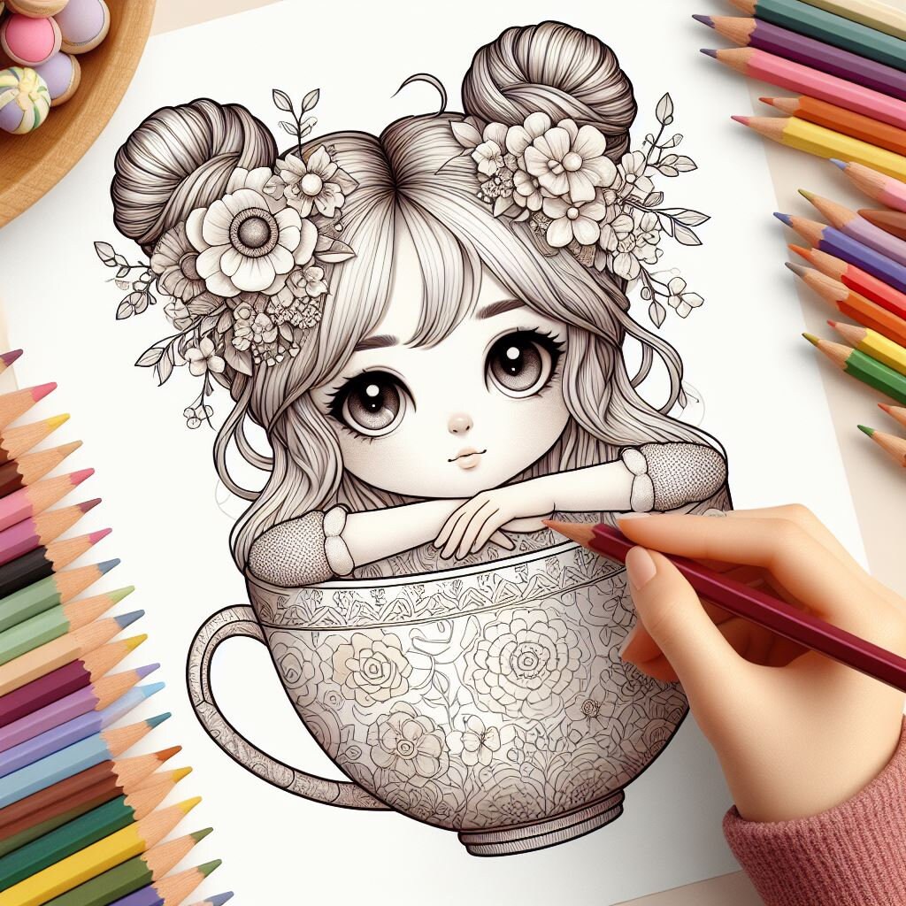 50 Flower Girl in Tea Cup Coloring Book, Cute Spring Girls Coloring ...