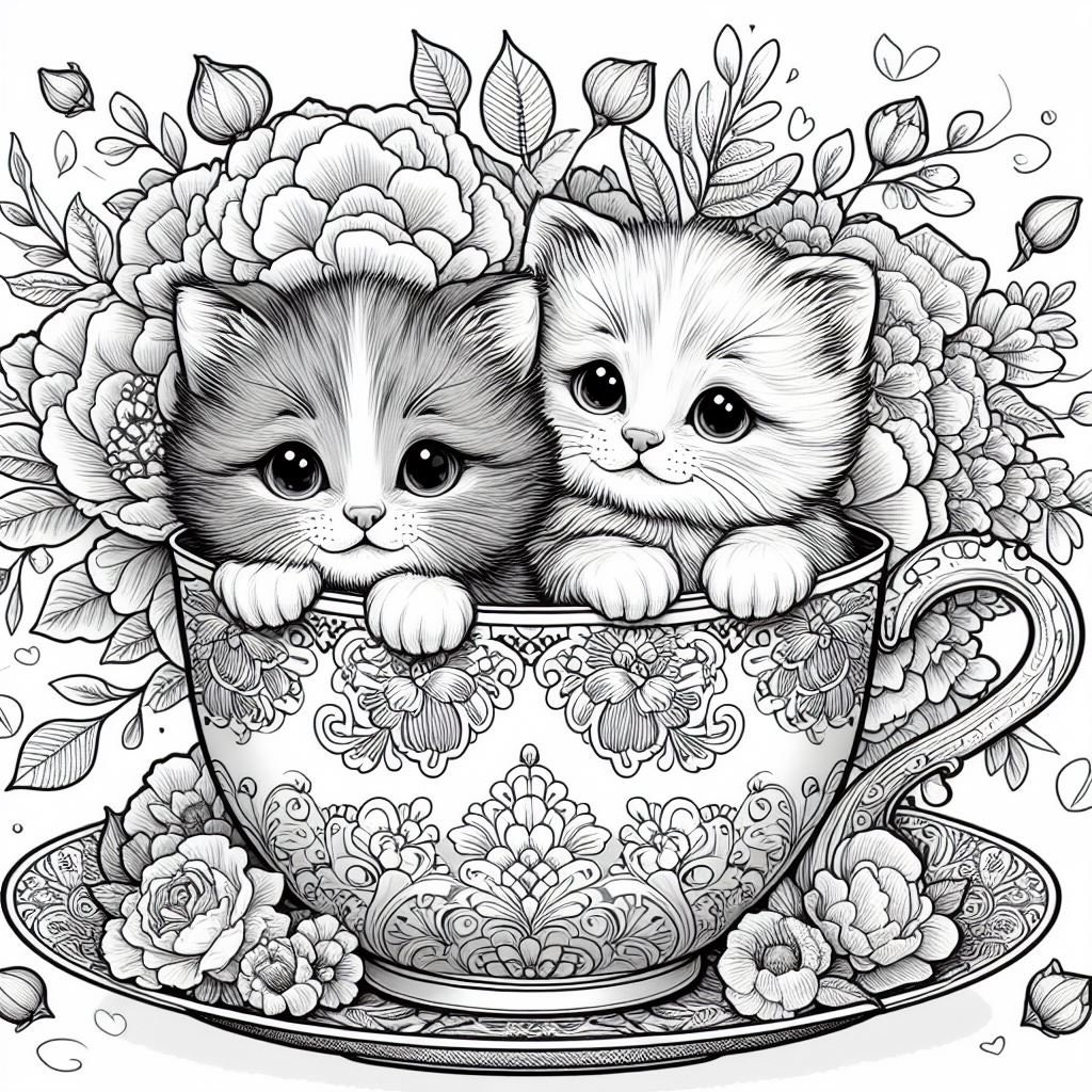 53 Flower Kittens in Tea Cup Coloring Pages, Flower Kittens in Tea Cup ...