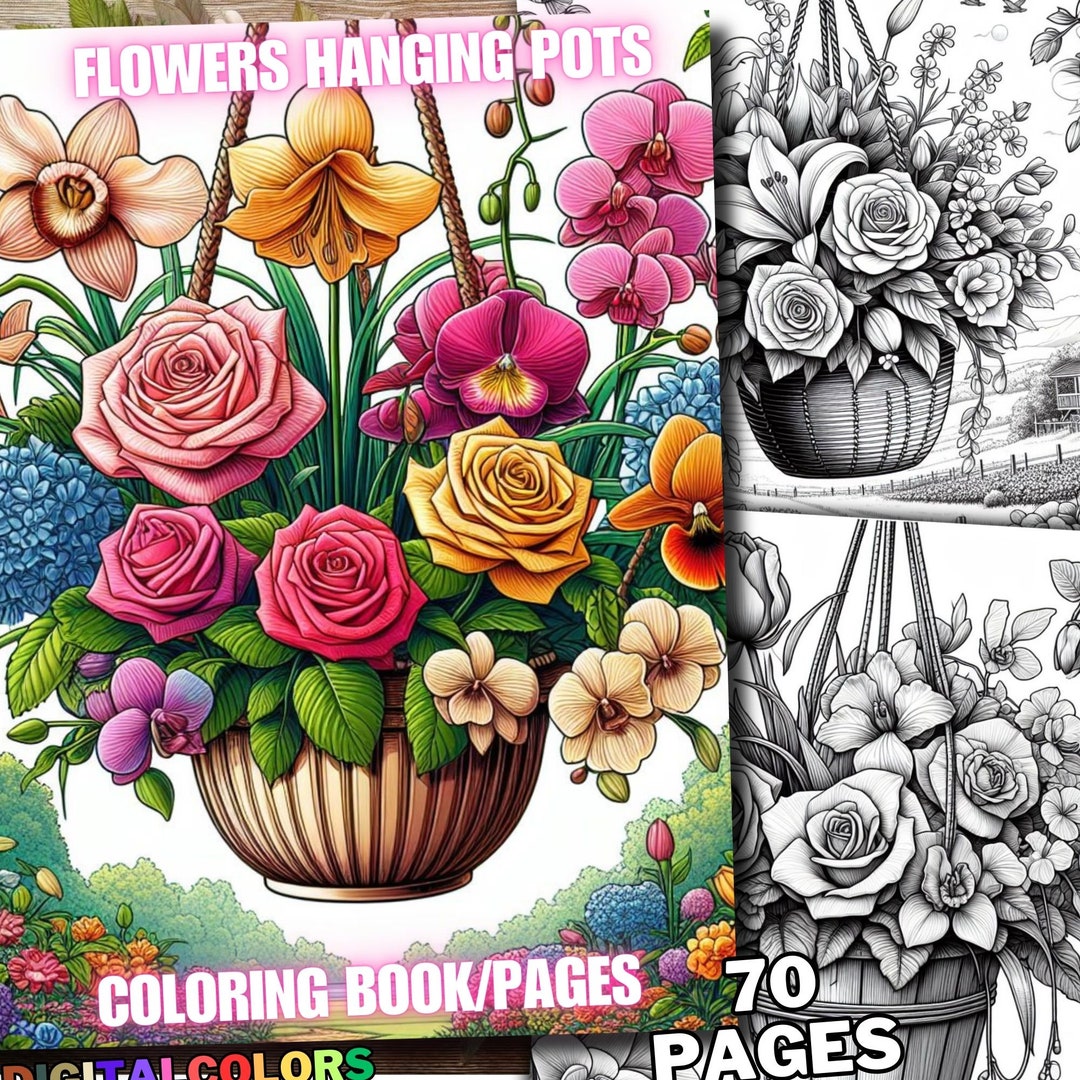 70 Hanging Pots Flowers Coloring Pages Flower Spring, Botanical Floral ...