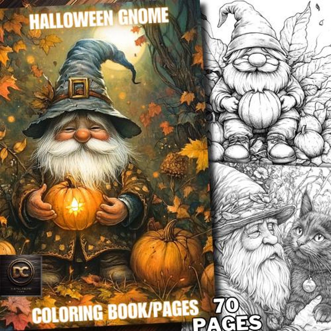 70 Halloween Gnome Coloring Pages, Autumn Gnome Coloring Book, Fall ...