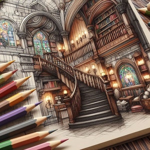 100 Enchanted Library Coloring Pages, Haunted Library Coloring Book ...