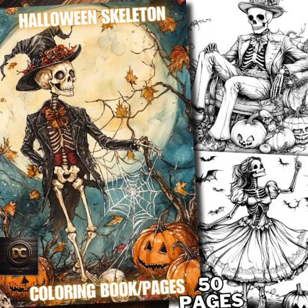 50 Halloween Skeleton Coloring Pages, Halloween Coloring Book, Creepy ...