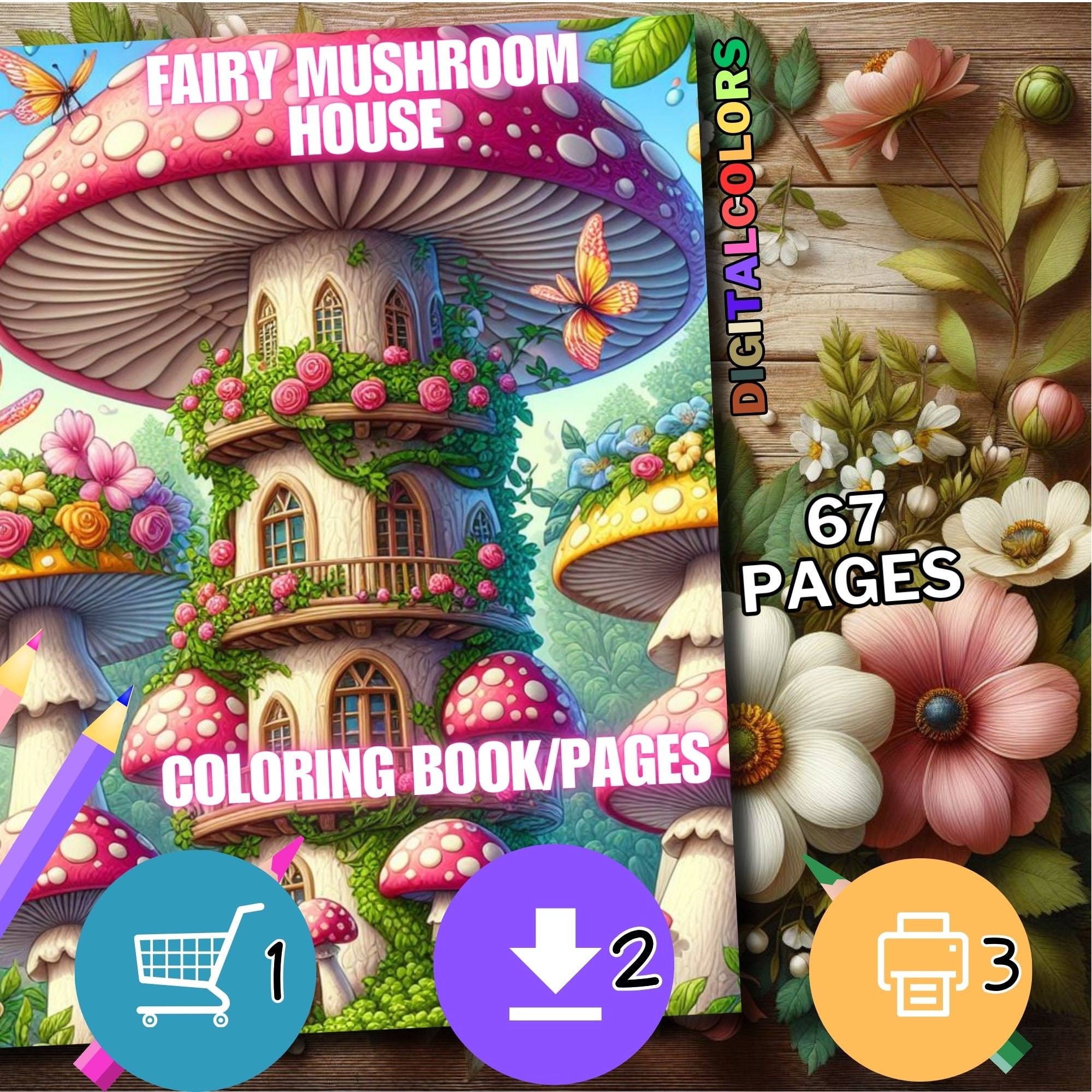 67 Mushroom House Coloring Book, Fairy House Coloring Pages, Grayscale ...