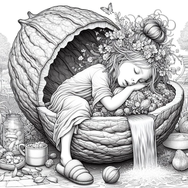 56 Floral Girl in a Nut Coloring Pages, Girl Coloring Book, Grayscale ...