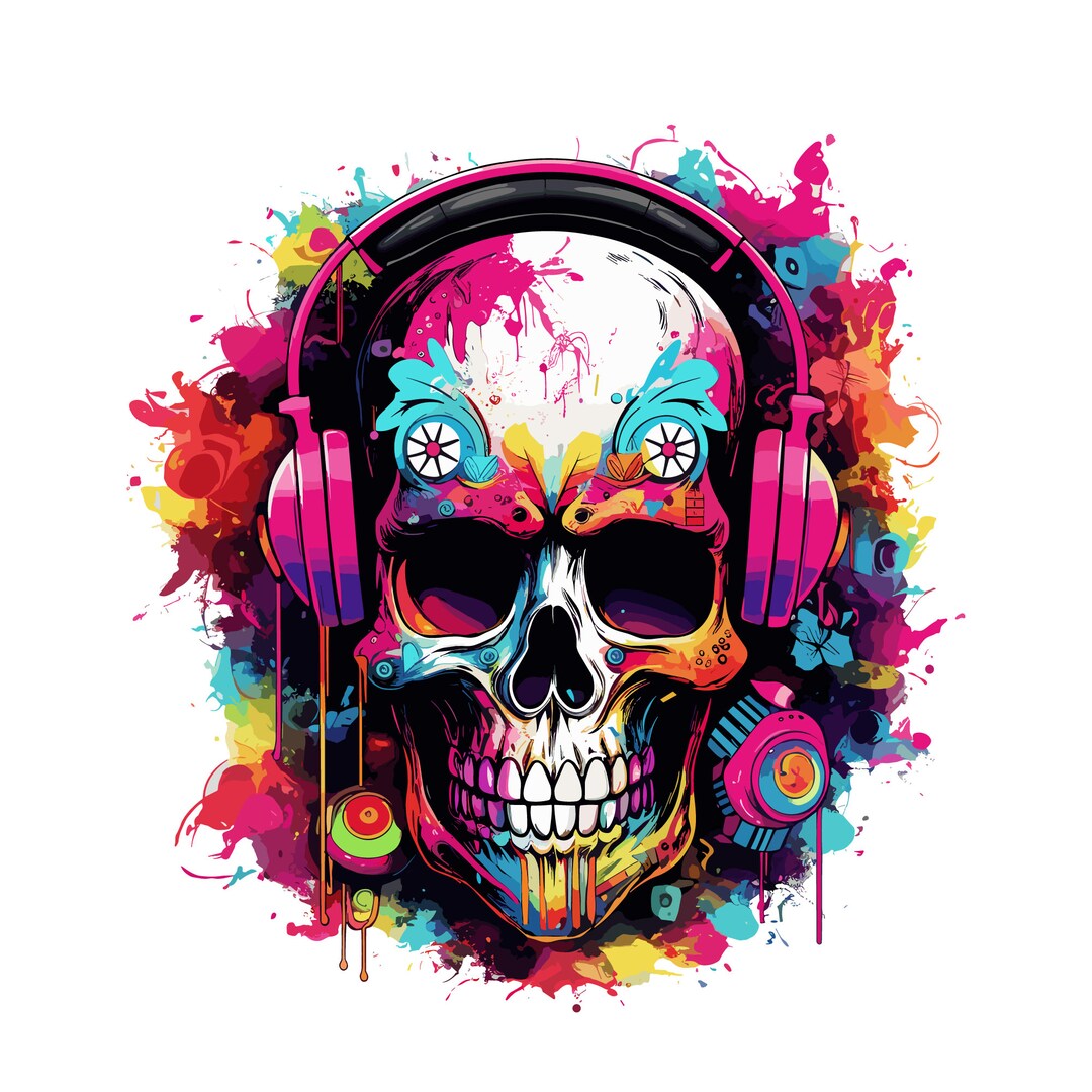 Funky Skull With Headphone and Flowers Design for Shirts sticker Poster ...
