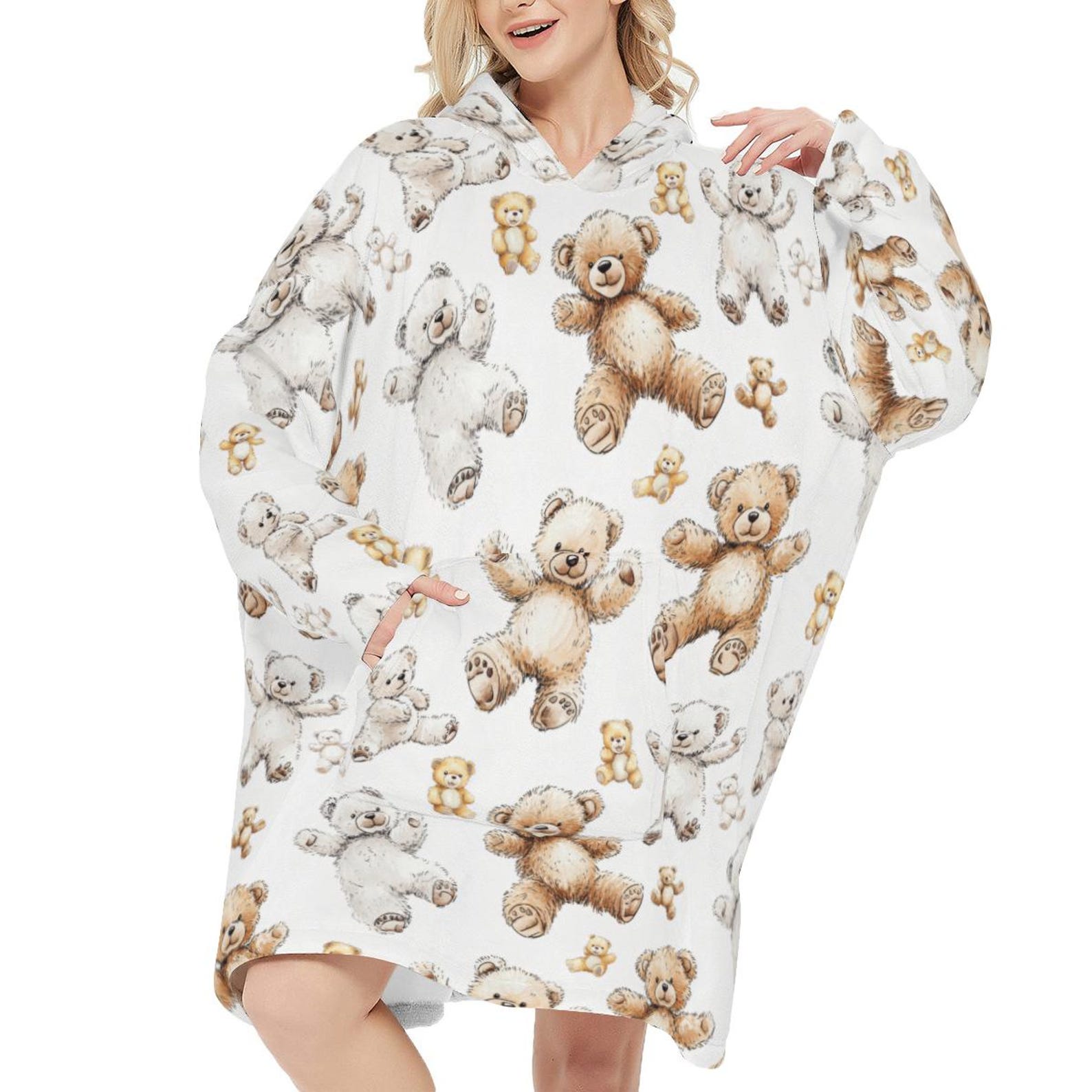 Teddy Bear Flannel Sleeper Blanket Hoodie - Soft, Warm & Cozy Throw for ...