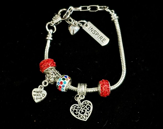 Sparkly Red Pandora Style Bracelet With Heart Charms and INSPIRE Tag - Etsy