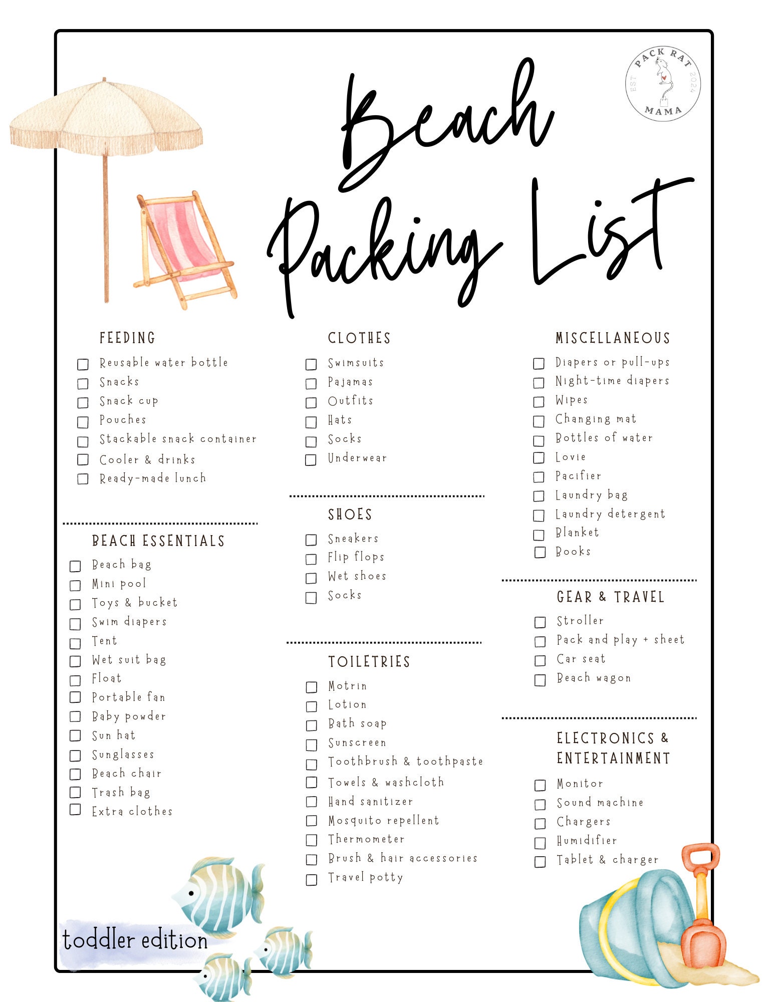 Printable Beach Packing List - Toddler Edition - Etsy