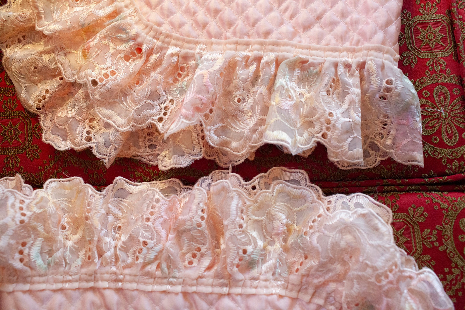 Vintage 80s Peach Quilted and Ruffled Pillow Shams With Rose Bows, Set ...