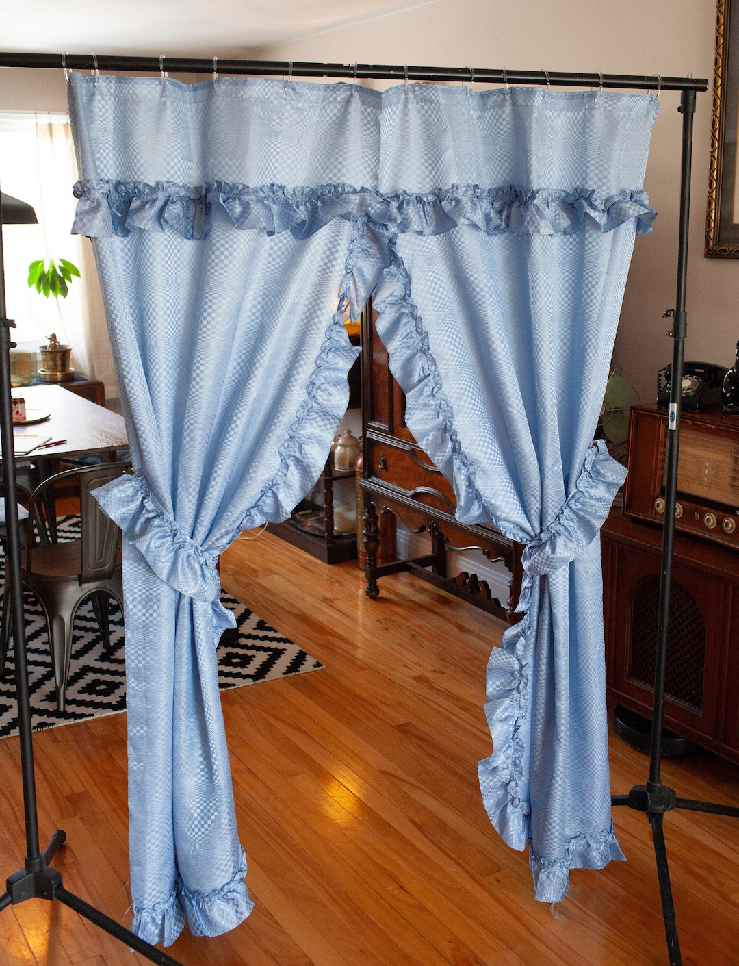Vintage 80s Fabric Shower Curtain, Blue Ruffled Valance Split Shower ...