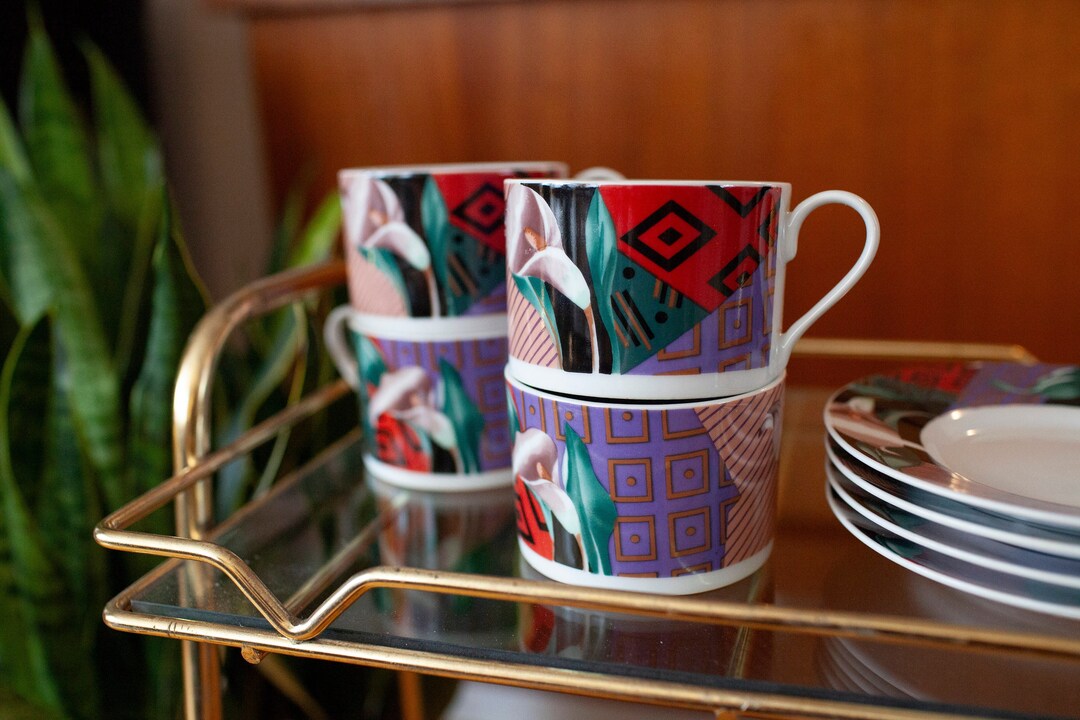 1980s Gallery by Inhesion Art Deco Revival 4 Coffee Cups and Saucers ...