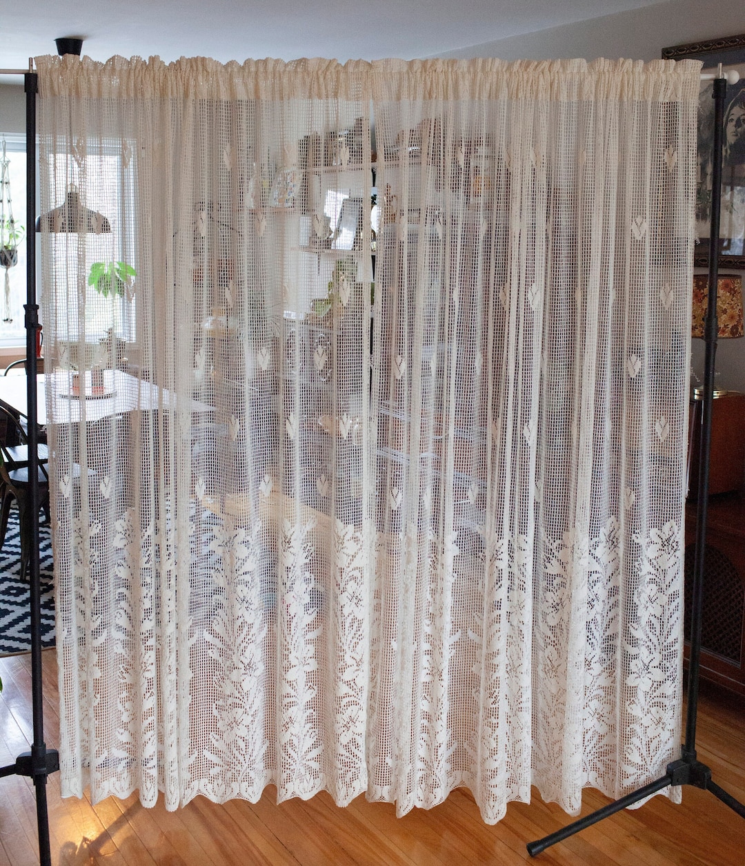 Vintage 80s Ivory Open Weave Sheer Curtain Panels With Floral Design ...