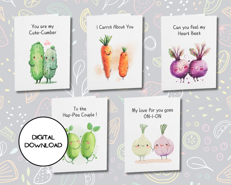 5 Printable Lovely Vegetable Funny Message Greeting Card L Digital Cute ...