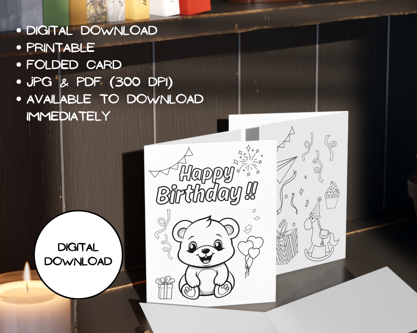 Happy Bear Coloring Digital Birthday Card L Children Printable Envelop ...