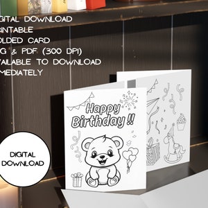 Happy Bear Coloring Digital Birthday Card L Children Printable Envelop ...