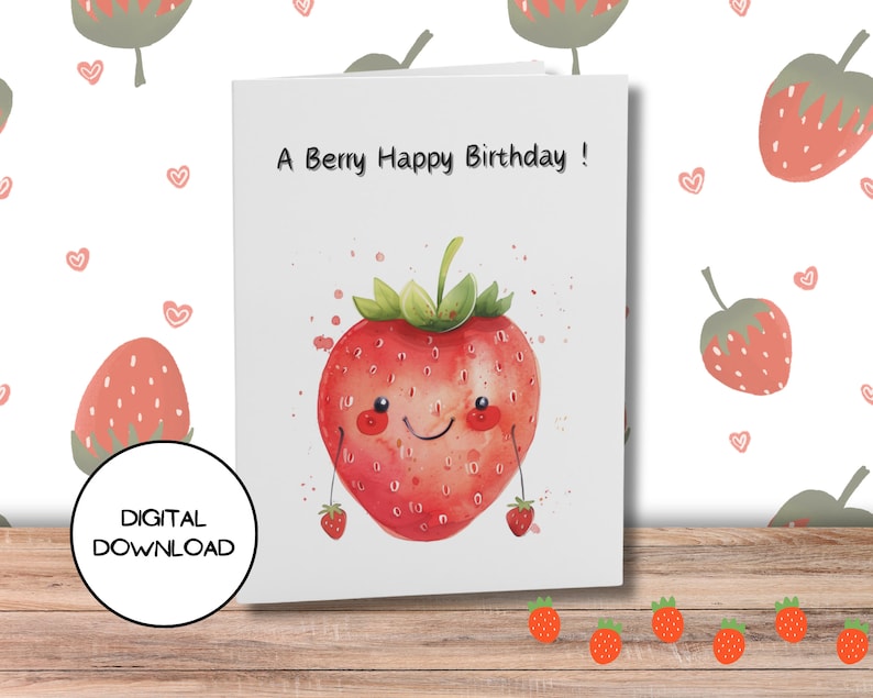 Digital Strawberry Birthday Card L Berry Happy Birthday L Envelop ...
