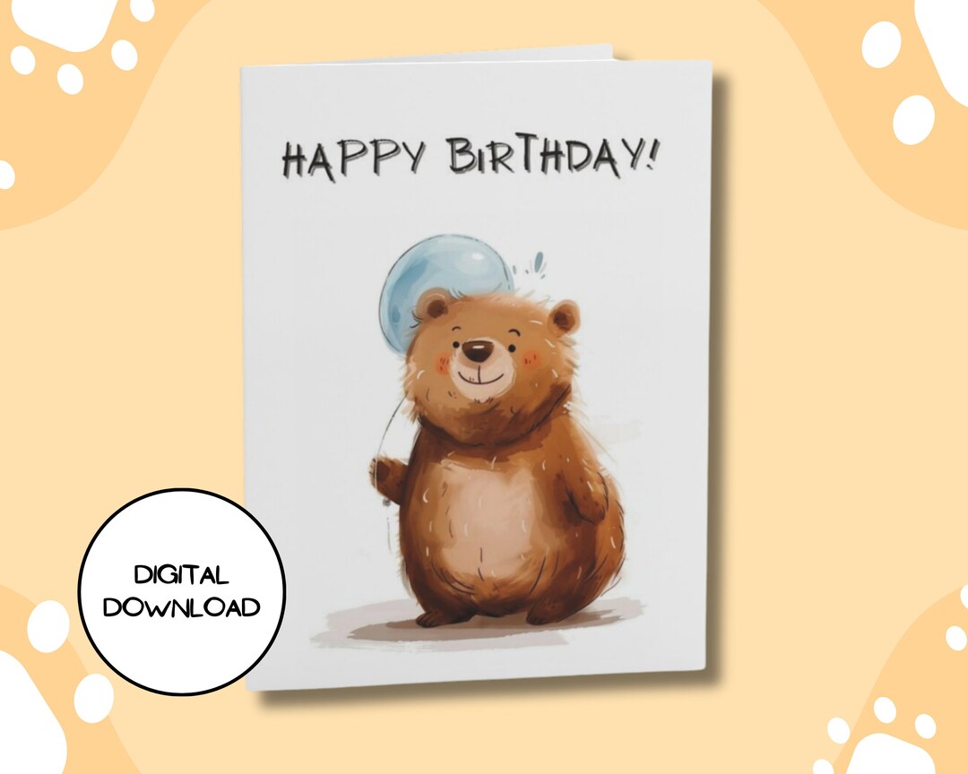 Printable Cute Bear With Blue Balloon Birthday Card L Funny Greeting ...