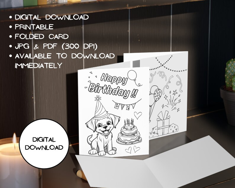 Happy Puppy Coloring Digital Birthday Card L Printable Envelop Included ...