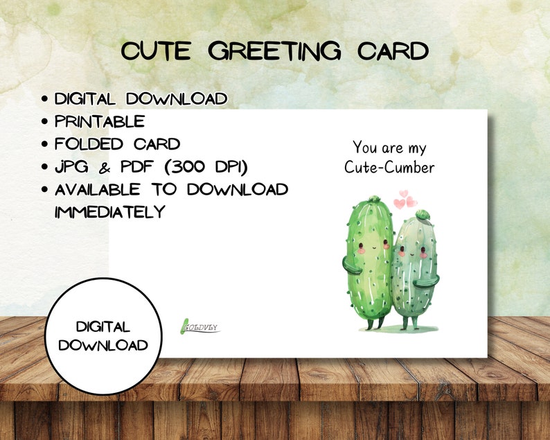Digital Kawaii Cute-cumber Couple Greeting Card L Printable Cucumber ...