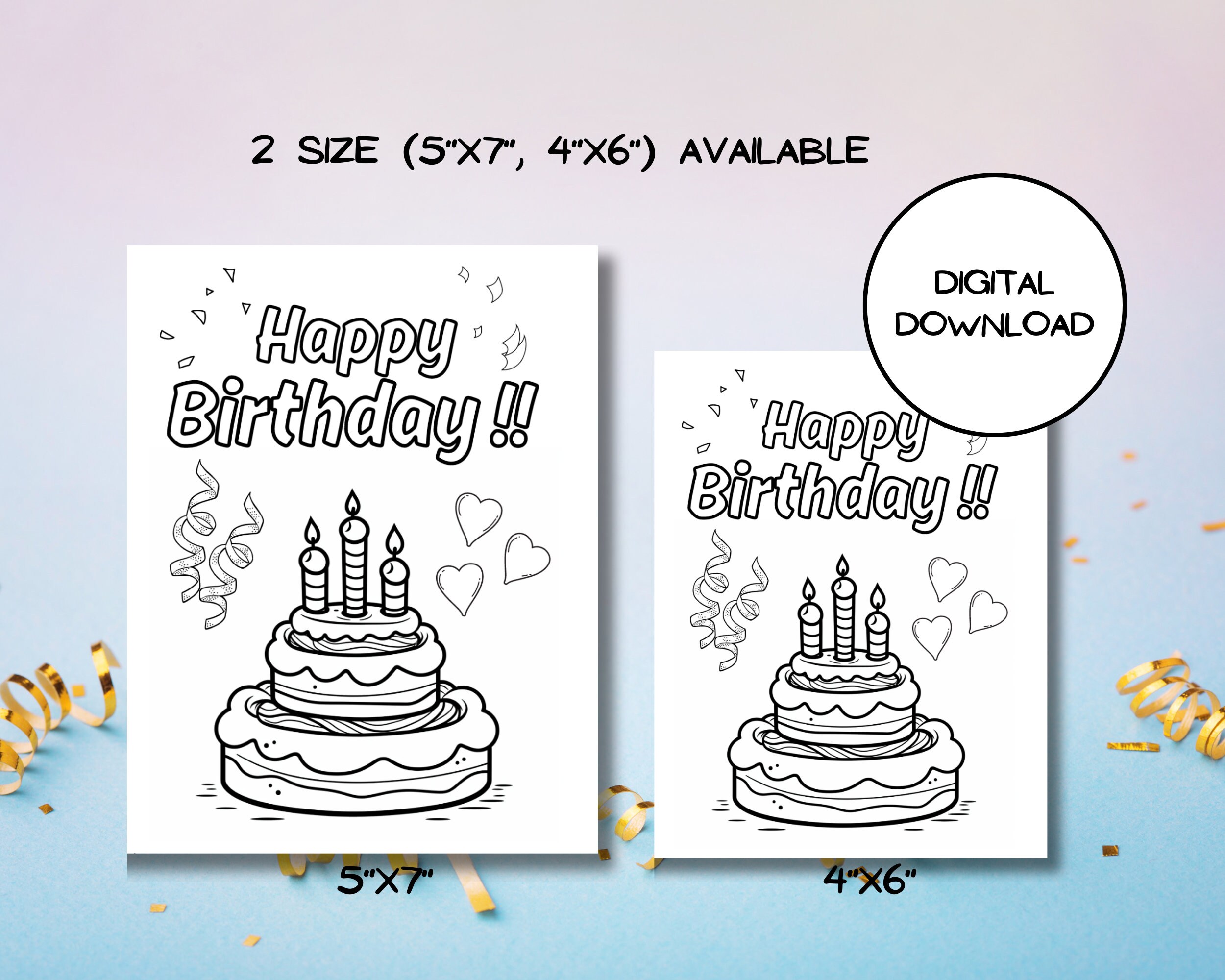 Happy Digital Coloring Birthday Card Cake Design L Printable Envelop ...