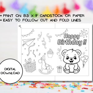 Happy Bear Coloring Digital Birthday Card L Children Printable Envelop ...