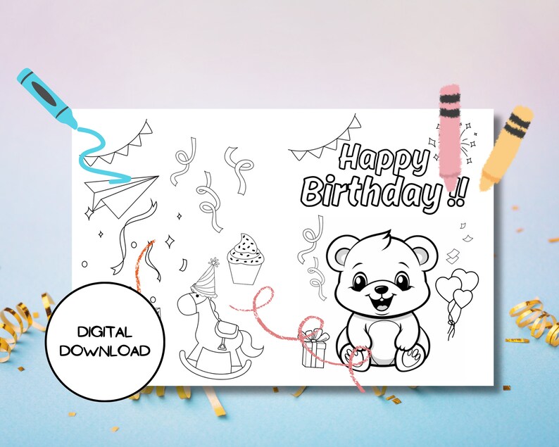 Happy Bear Coloring Digital Birthday Card L Children Printable Envelop ...